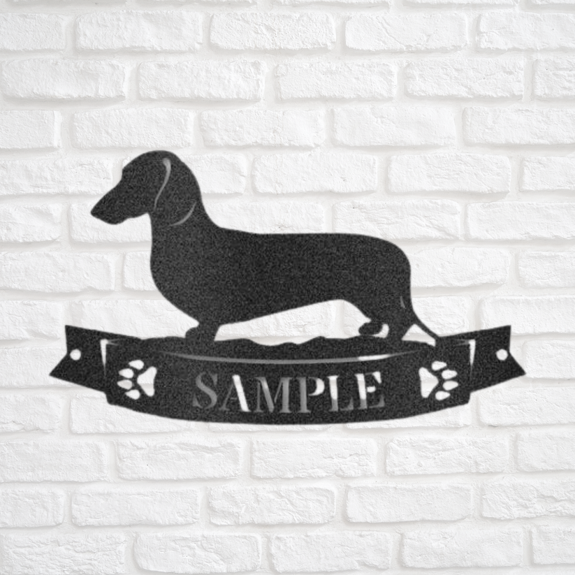 Dachshund Dog Sign with Paw Print Banner - Personalized Metal Sign ...