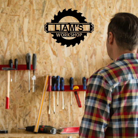 Tool Sign with Sawblade - Personalized Workshop Sign, Custom Garage Si ...