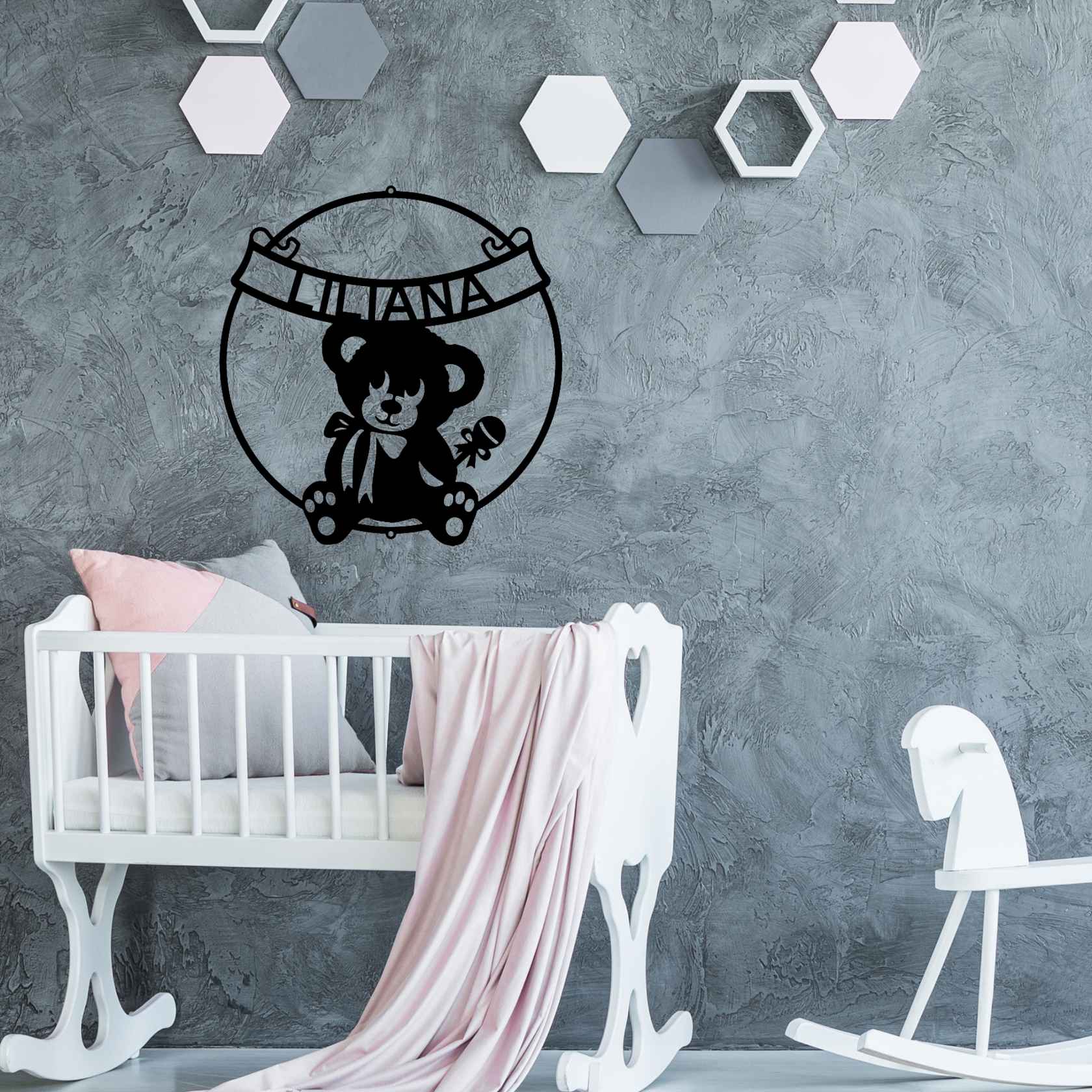 Personalized Nursery Sign with Custom Text, Teddy Bear with Rattle ...